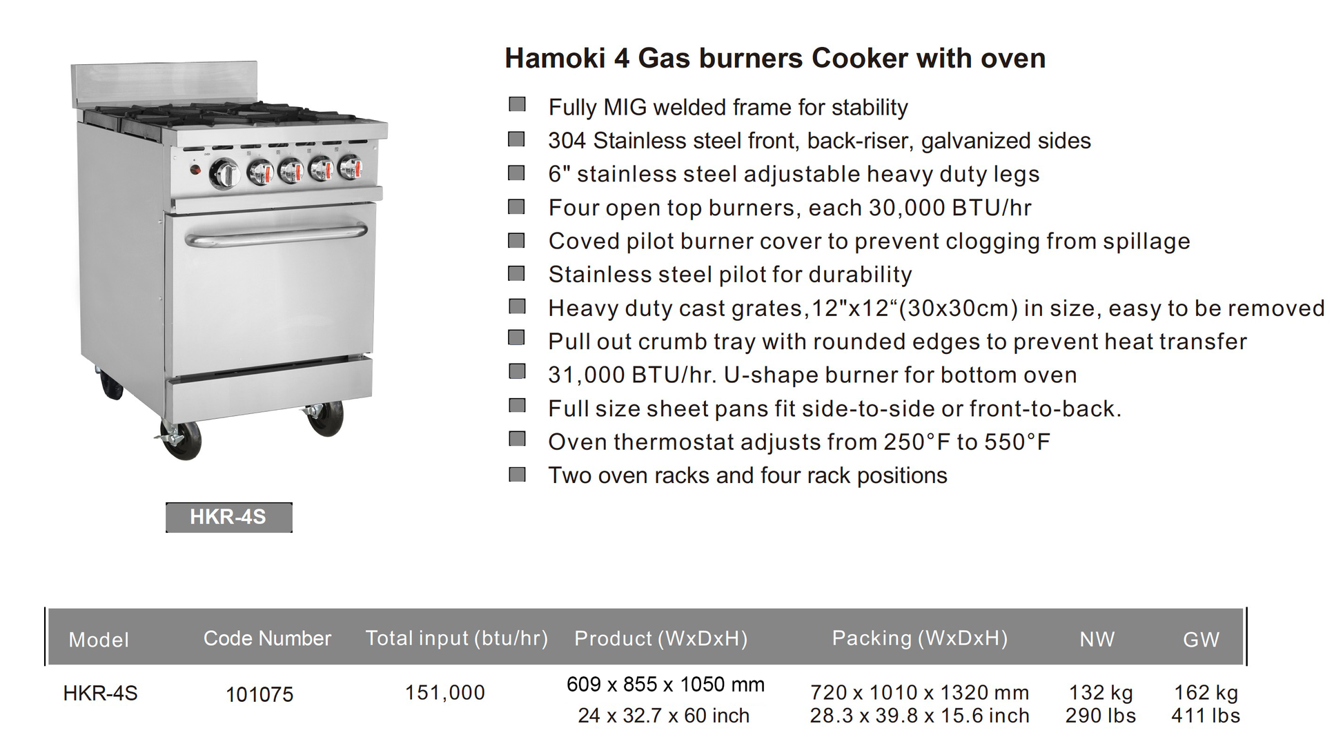101075 - Hamoki Gas Range 4 Burner with Oven HKR-4S – Hamoki Limited